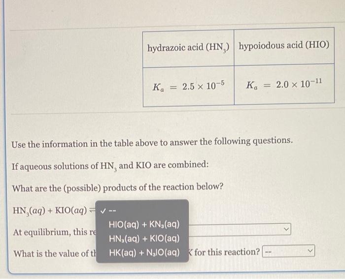 Solved hydrazoic acid (HN) hypoiodous acid (HIO) Ka = 2.5 x | Chegg.com