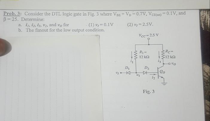 Solved Prob. 3: Consider the DTL logic gate in Fig. 3 where | Chegg.com