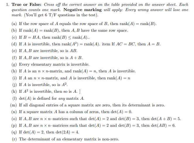 Solved True or False: Cross off the correct answer on the | Chegg.com