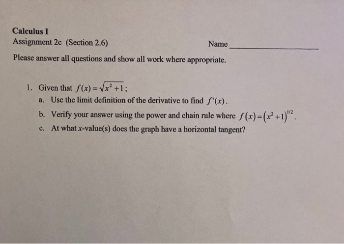 Solved Calculus I Assignment 2c (Section 2.6) Name Please | Chegg.com