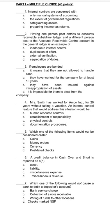 Solved PARTI - MULTIPLE CHOICE (40 points) _ 1. Internal | Chegg.com
