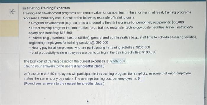 Solved Estimating Training Expenses Training and development | Chegg.com
