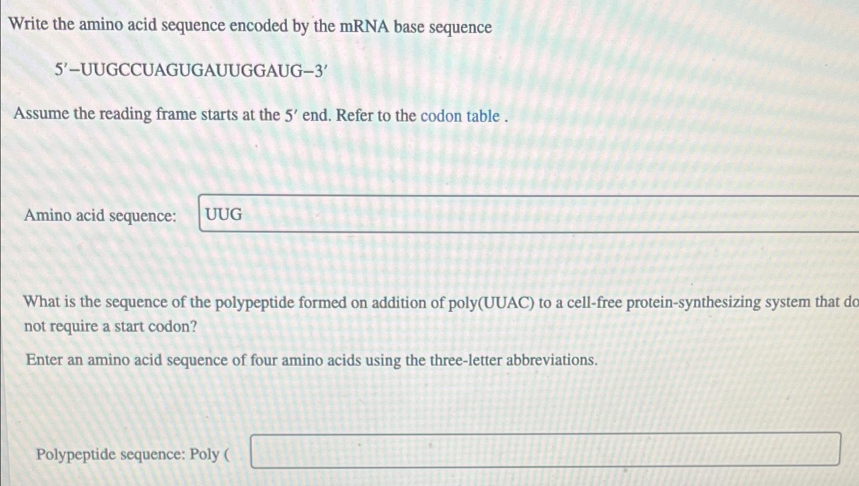 Solved Write The Amino Acid Sequence Encoded By The Mrna 