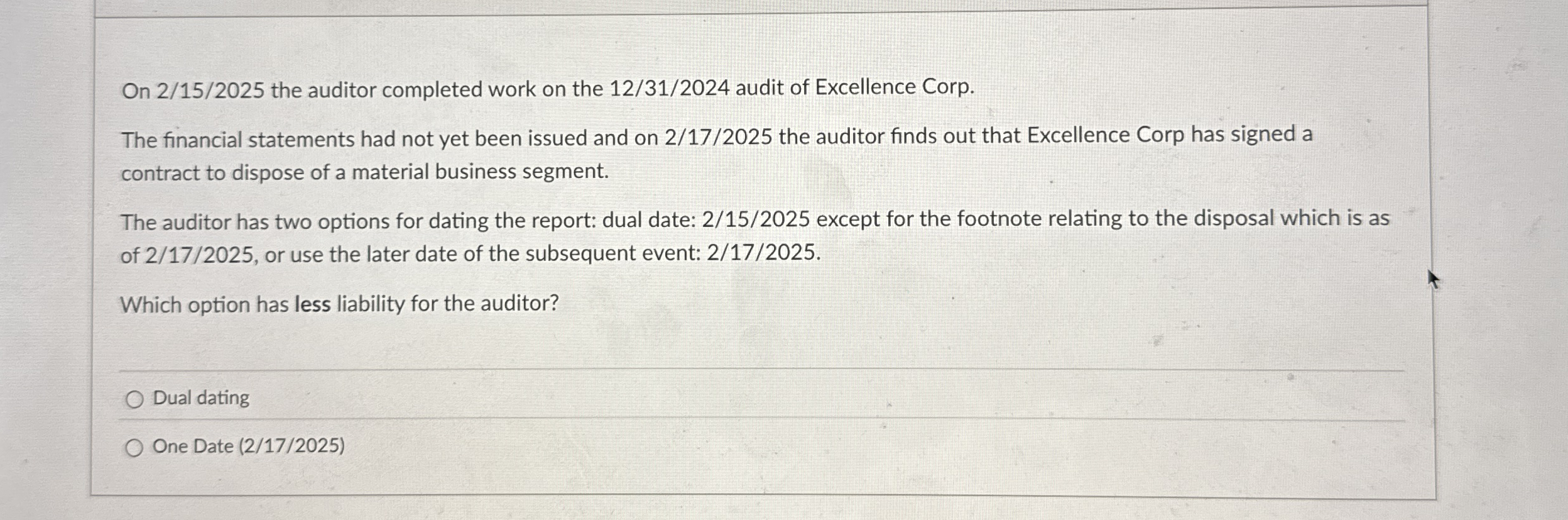 Solved On 2/15/2025 ﻿the auditor completed work on the | Chegg.com