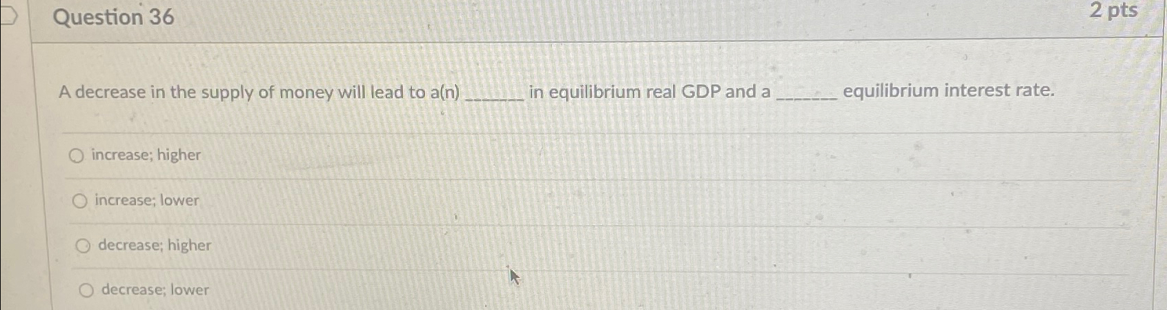 Solved Question 362 ﻿ptsA decrease in the supply of money | Chegg.com