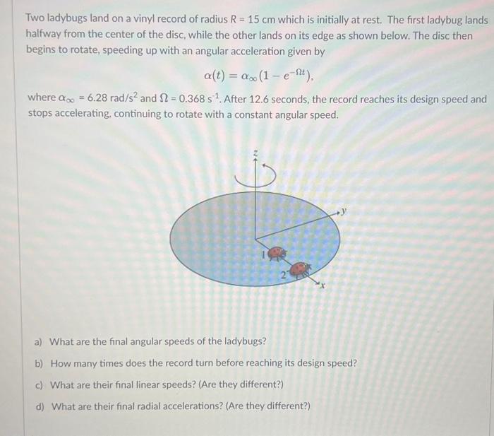 Solved Two ladybugs land on a vinyl record of radius R=15 cm | Chegg.com