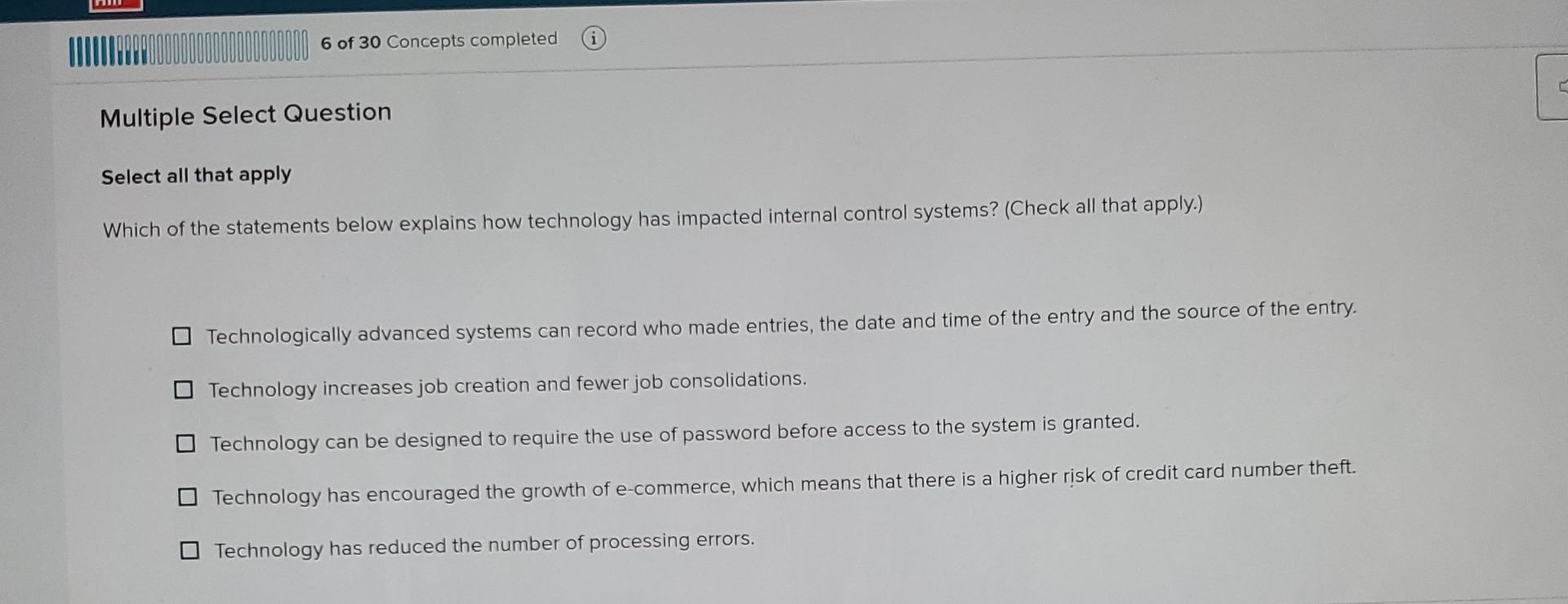 Solved 6 ﻿of 30 ﻿Concepts completedMultiple Select | Chegg.com
