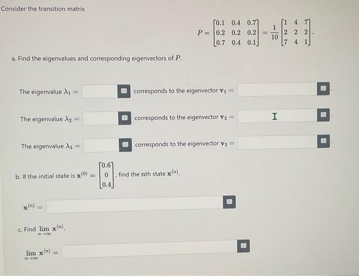 Solved Consider the transition matrix | Chegg.com