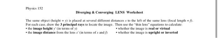 Solved Physics 152 Diverging & Converging LENS Worksheet The | Chegg.com