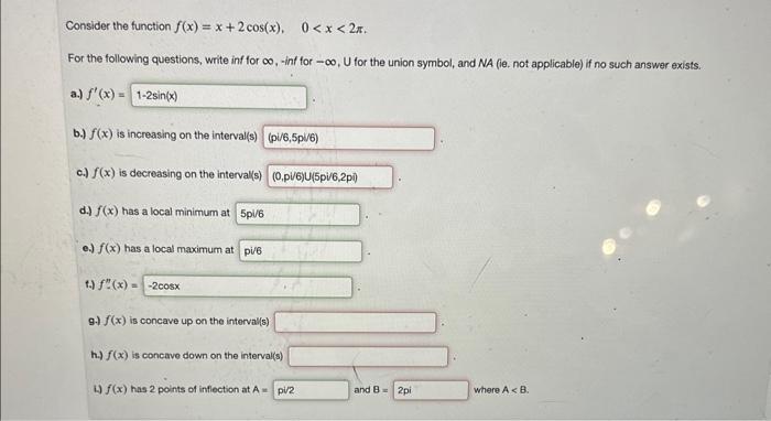 Solved Consider the function f(x)=x+2cos(x),0 | Chegg.com