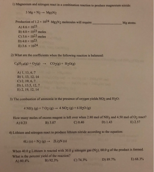 Solved 1) Magnesium and nitrogen react in a combination | Chegg.com