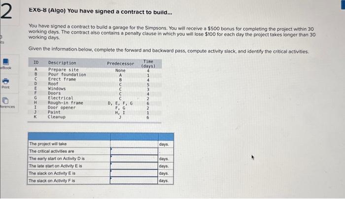 EX6-8 (Algo) You have signed a contract to build... | Chegg.com