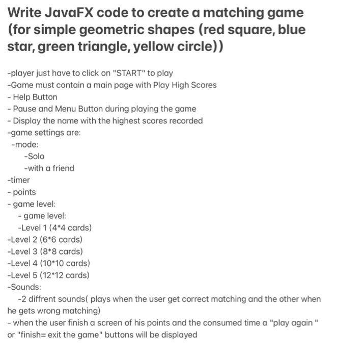 Write JavaFX code to create a matching game (for | Chegg.com