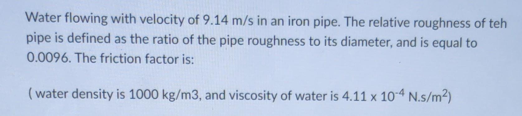 Solved Water flowing with velocity of 9.14 m/s in an iron | Chegg.com
