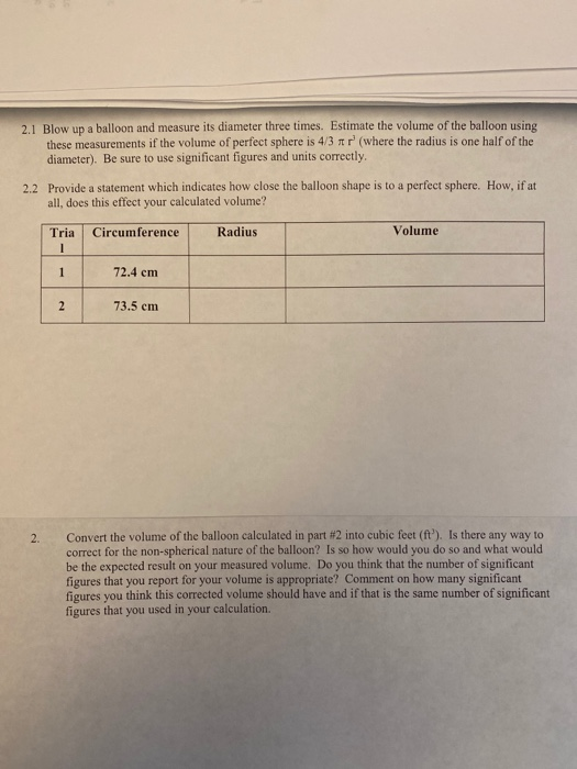 Solved 2.1 Blow up a balloon and measure its diameter three | Chegg.com