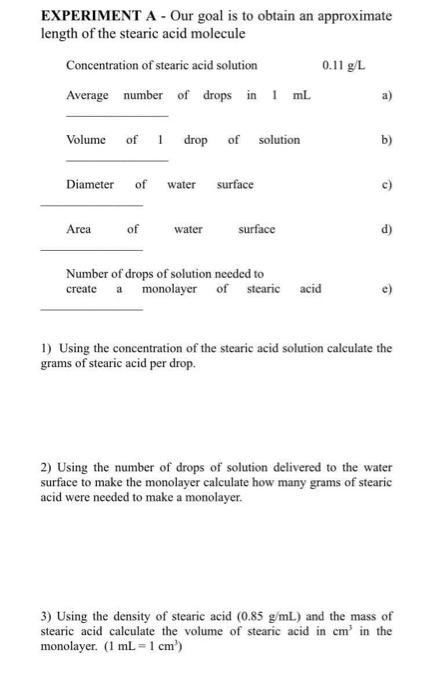 Solved EXPERIMENT A Concentration of stearic acid solution | Chegg.com