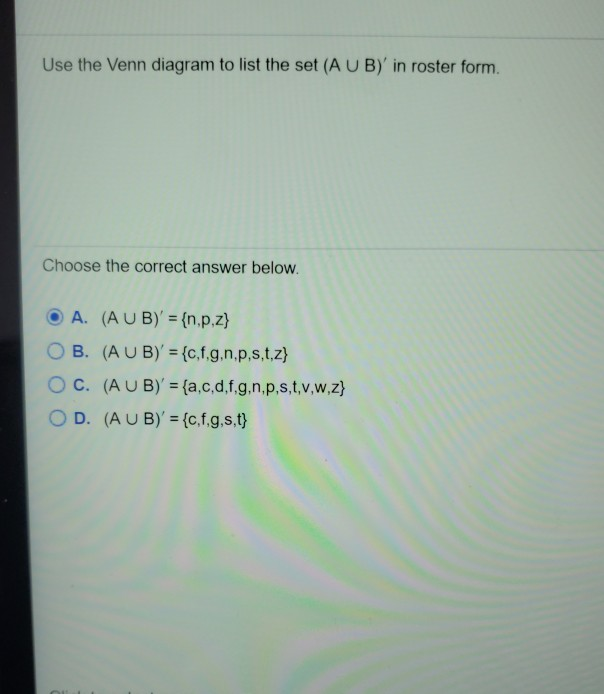 Solved Use the Venn diagram to list the set (A U B) in | Chegg.com