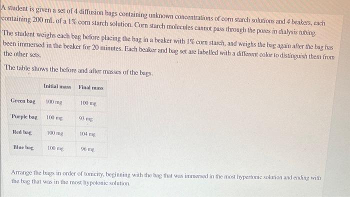 Solved A student is given a set of 4 diffusion bags | Chegg.com