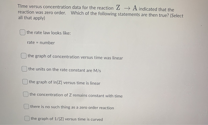Solved Time versus concentration data for the reaction Z + A | Chegg.com