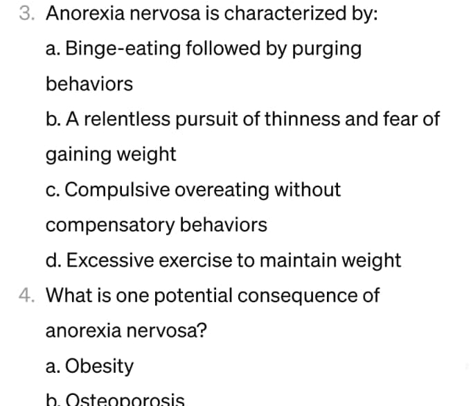 Solved Anorexia nervosa is characterized by:a. ﻿Binge-eating | Chegg.com