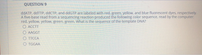 Solved QUESTION 9 ddATP, ddTTP, ddCTP, and ddGTP are labeled | Chegg.com