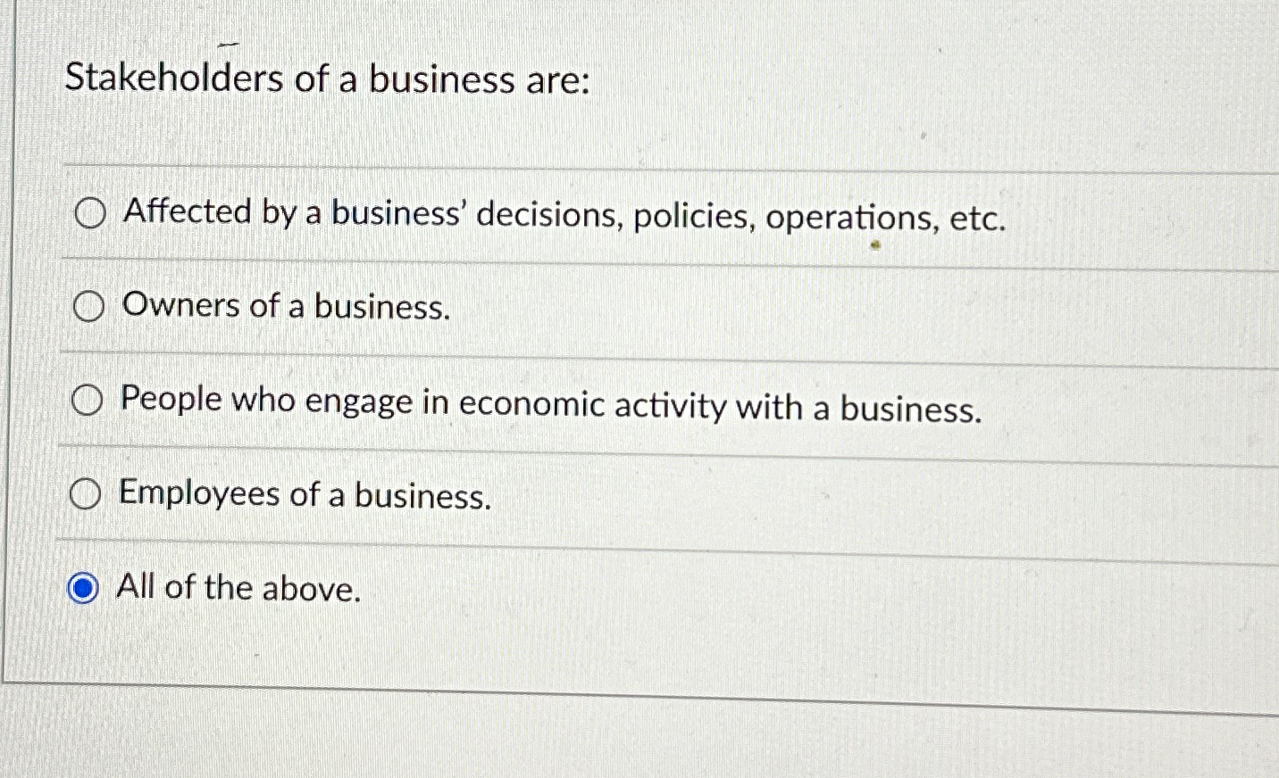 Solved Stakeholders of a business are:Affected by a | Chegg.com