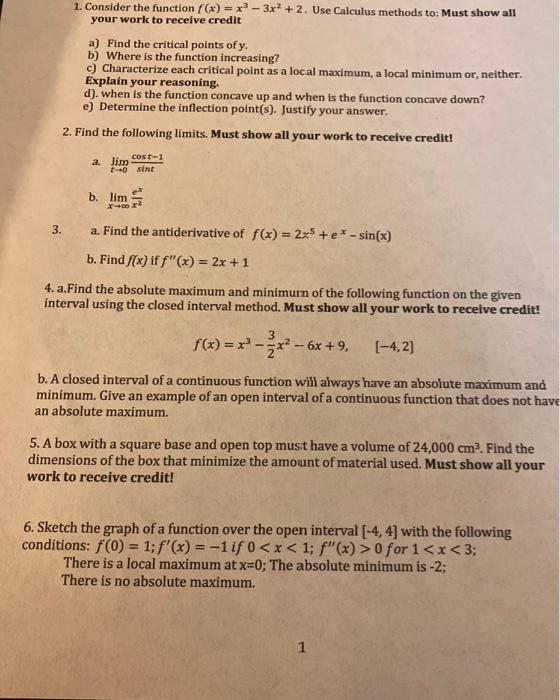 Solved 1. Consider the function f(x)=x-3x + 2. Use Calculus | Chegg.com