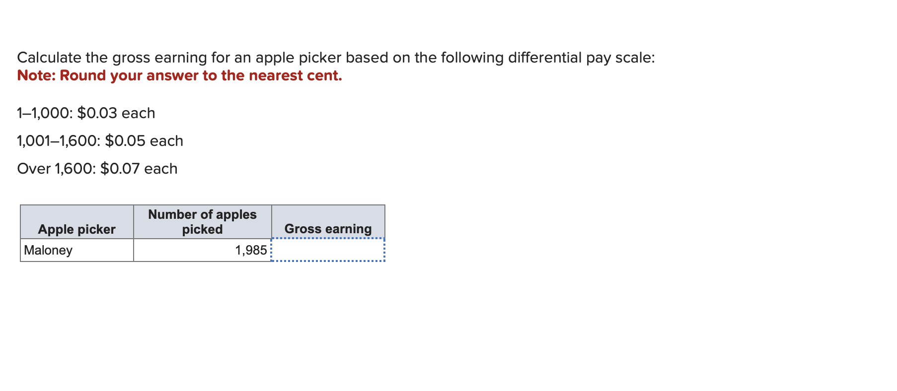 Solved Calculate the gross earning for an apple picker based | Chegg.com