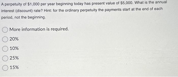 Solved A perpetuity of $1,000 per year beginning today has | Chegg.com