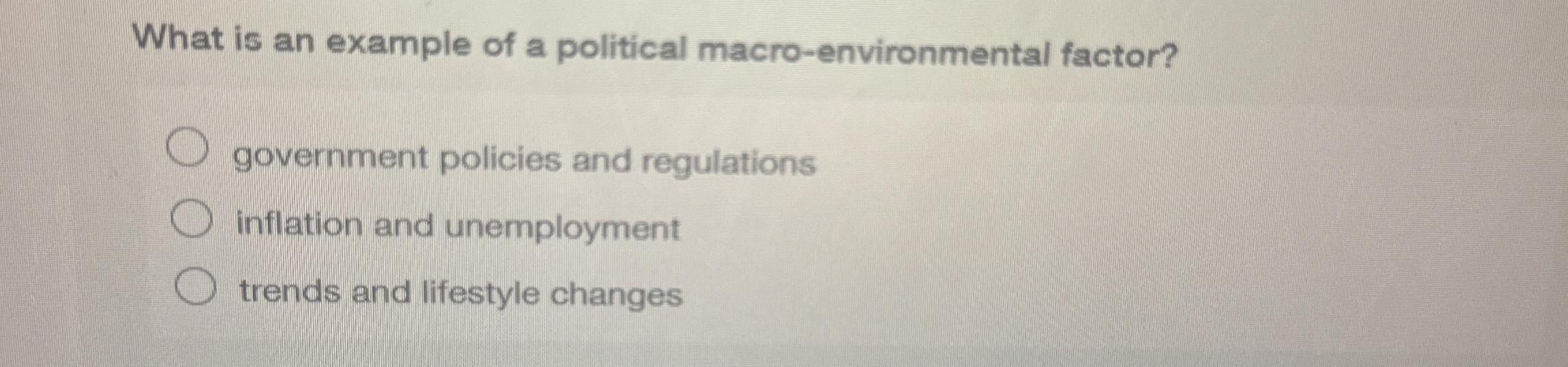 Solved What is an example of a political macro-environmental | Chegg.com