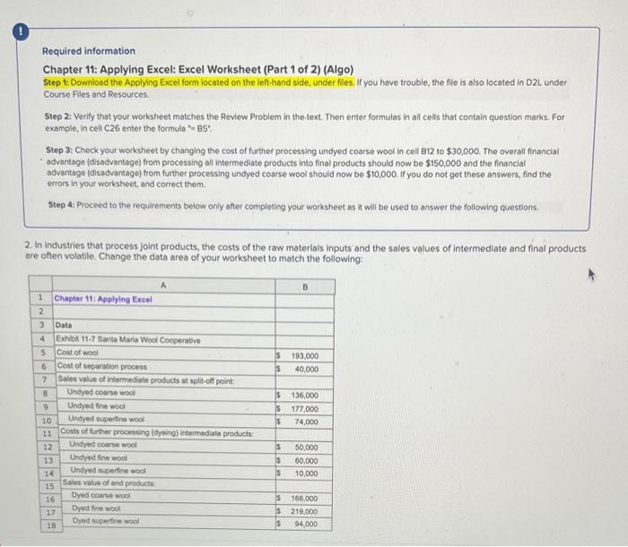 Solved Required information Chapter 11: Applying Excel: | Chegg.com