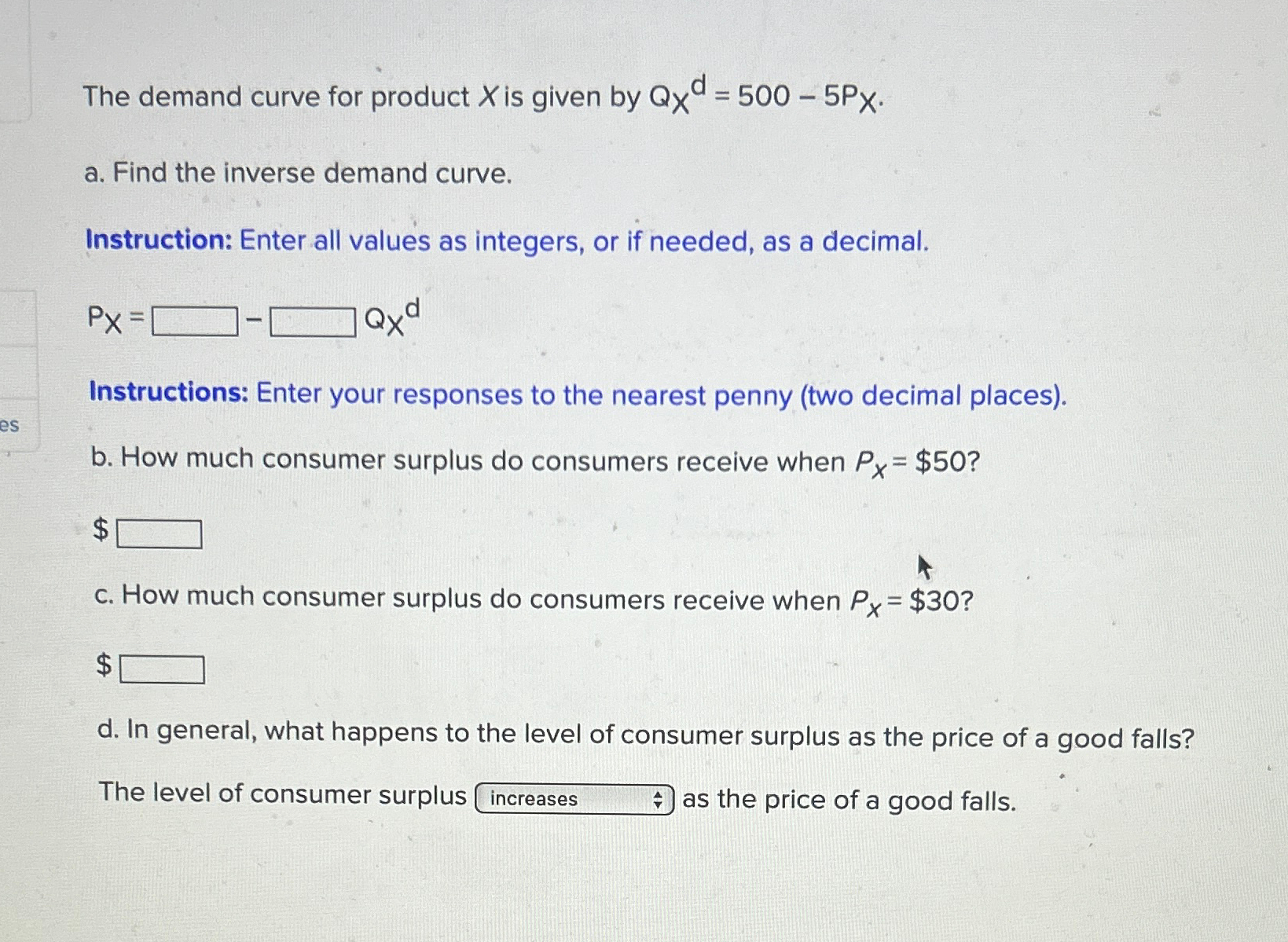 Solved The demand curve for product x ﻿is given by | Chegg.com