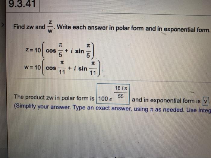 Solved 9.3.41 Z Find zw and w Write each answer in polar | Chegg.com