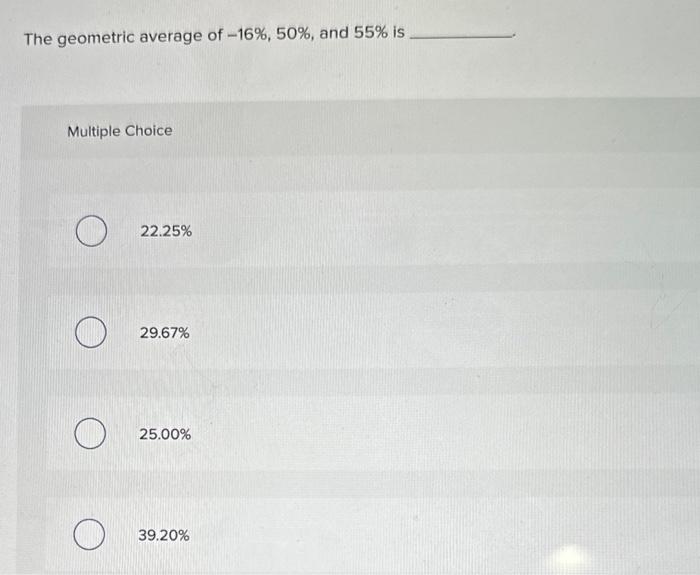 Solved The geometric average of −16%,50%, and 55% is | Chegg.com