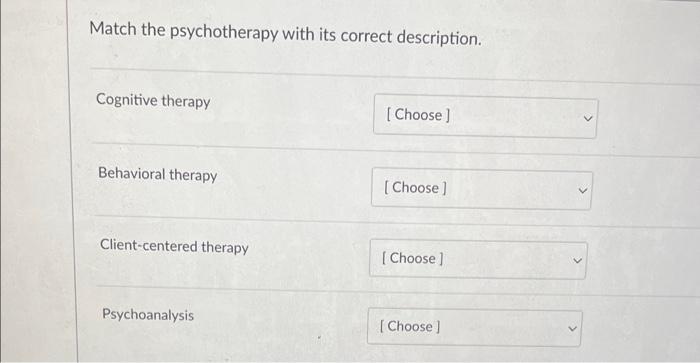 Solved Match the psychotherapy with its correct description. | Chegg.com