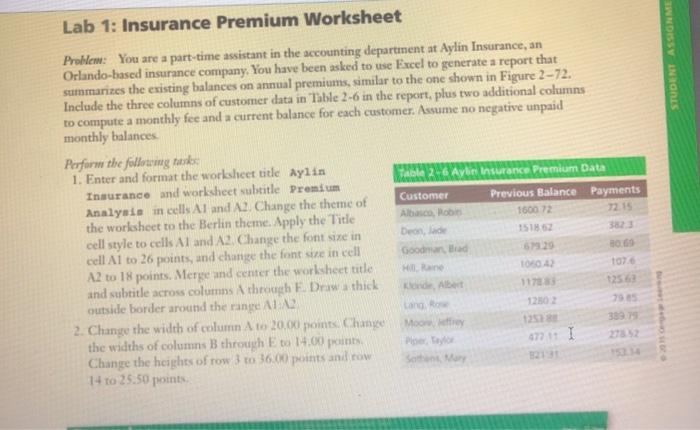 Solved STUDENT ASSIGNME Table Lab 1: Insurance Premium | Chegg.com