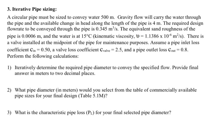 3. Iterative Pipe sizing: A circular pipe must be | Chegg.com