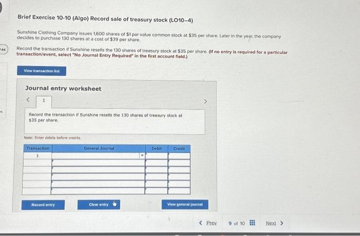 Solved :44 es Brief Exercise 10-10 (Algo) Record sale of | Chegg.com
