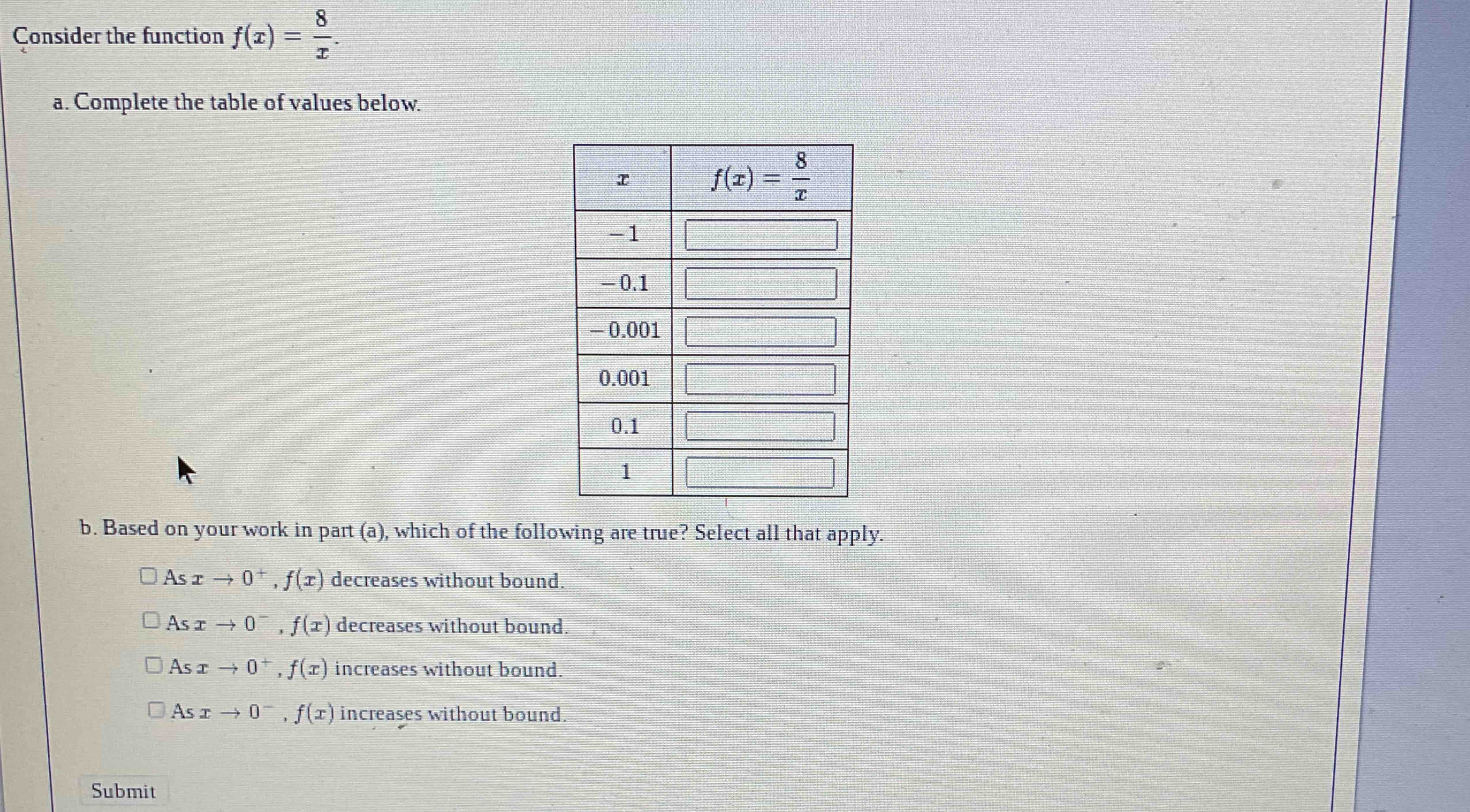 Solved Consider the function f(x)=8xa. ﻿Complete the table | Chegg.com
