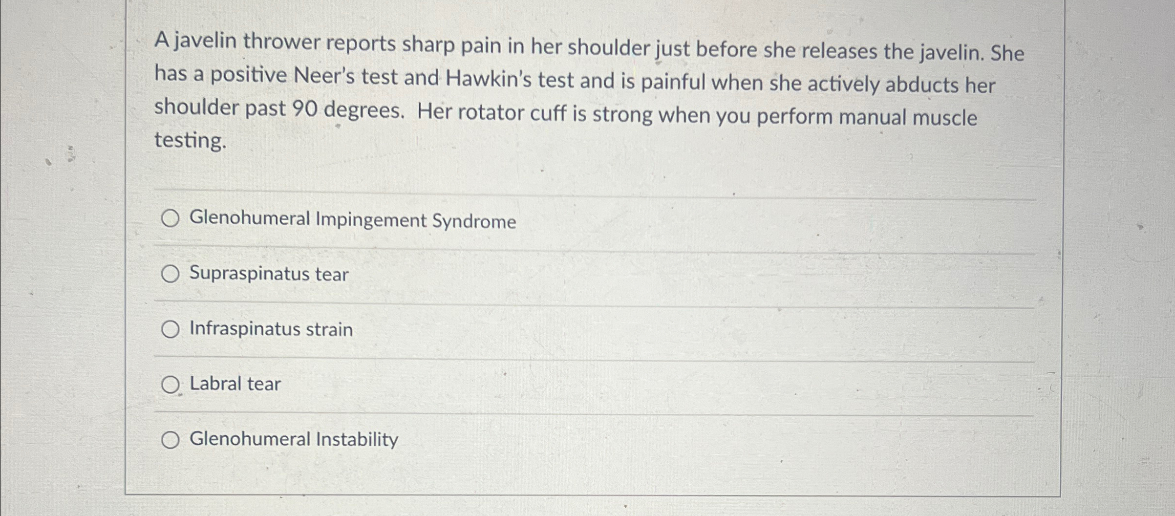 Solved A javelin thrower reports sharp pain in her shoulder | Chegg.com