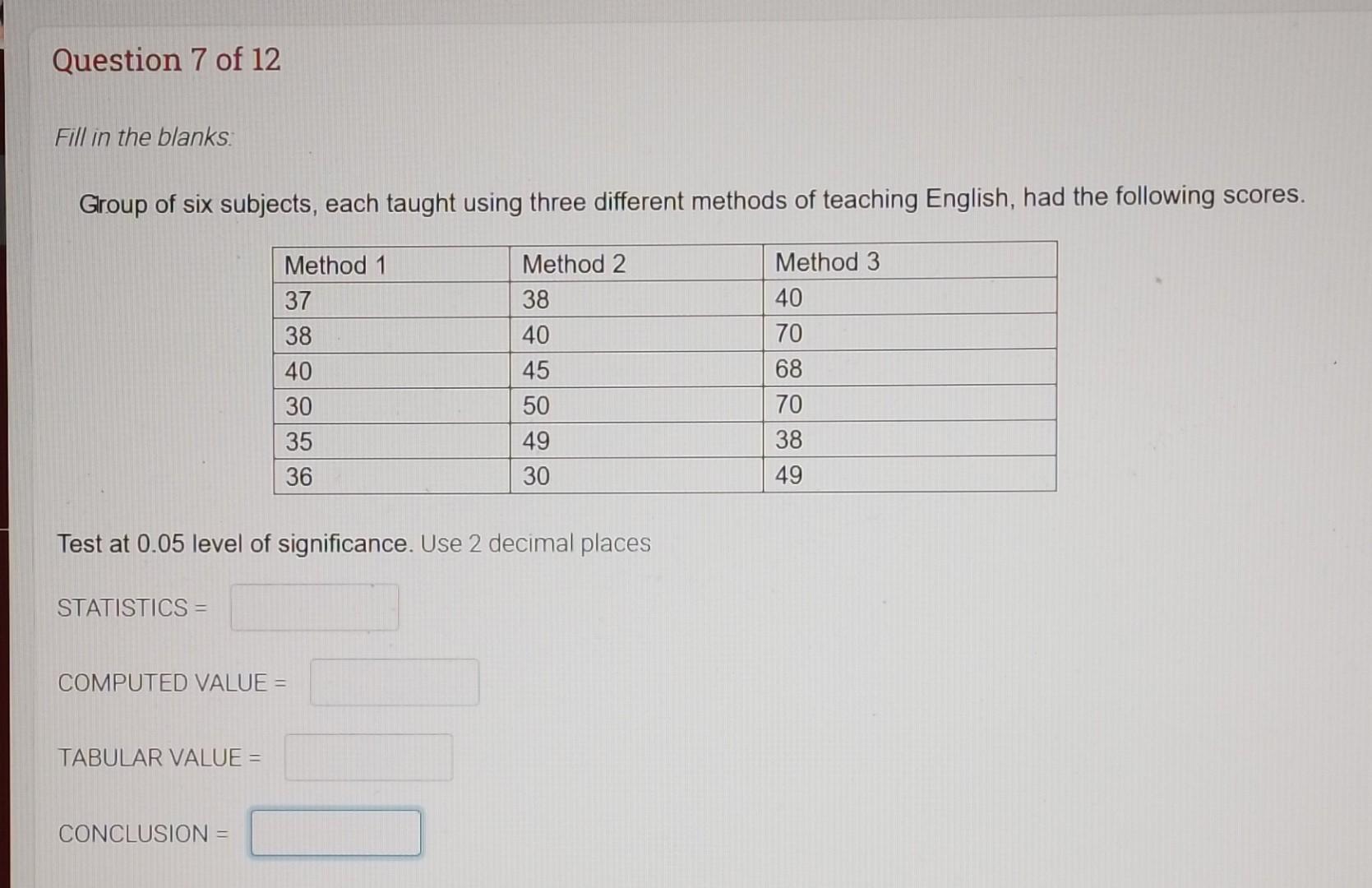 Solved Group of six subjects, each taught using three | Chegg.com