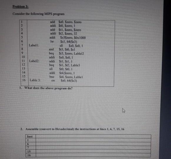 Solved Problem 3: Consider the following MIPS program 1 2 7 | Chegg.com