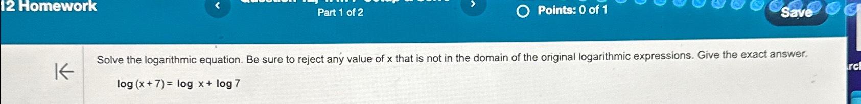 Solved 12 ﻿HomeworkPart 1 ﻿of 2Points: 0 ﻿of 1Solve the | Chegg.com