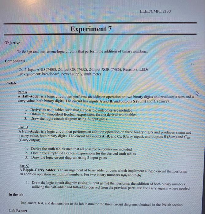 Solved ELEE/CMPE 2130 Experiment 7 Objective To design and | Chegg.com