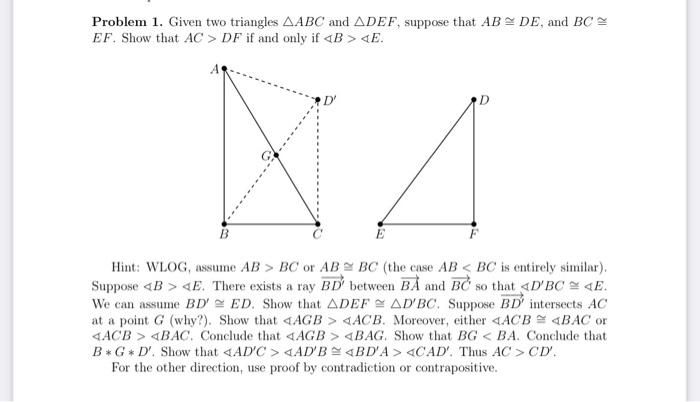Solved Problem 1. Given two triangles ABC and DEF, suppose | Chegg.com