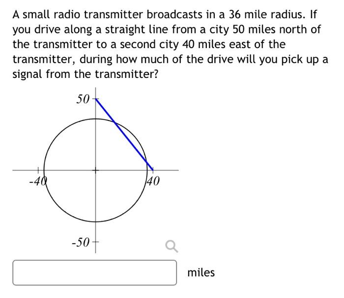 Solved A small radio transmitter broadcasts in a 36 mile | Chegg.com