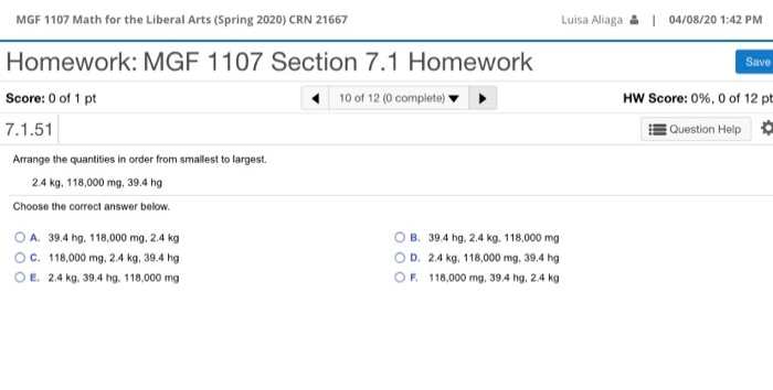 Solved MGF 1107 Math for the Liberal Arts (Spring 2020) CRN | Chegg.com