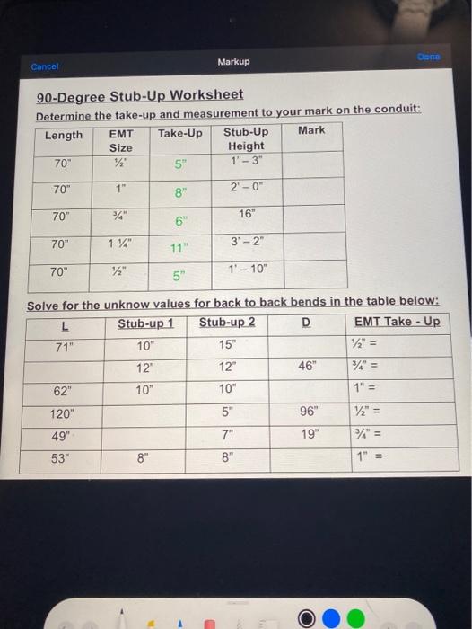 Cancel Markup OCCO 90-Degree Stub-Up Worksheet | Chegg.com