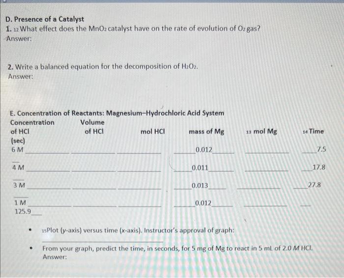 Solved D. Presence of a Catalyst 1. 12 What effect does the | Chegg.com