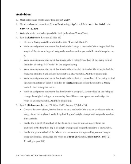 Solved CSC 1106 The Art of Programming Lab 9 Invoking | Chegg.com